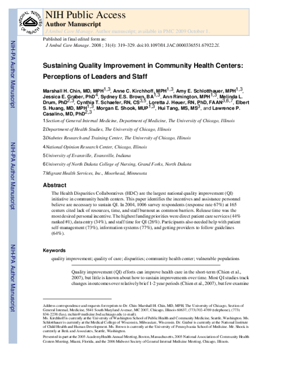 (PDF) Sustaining Quality Improvement in Community Health Centers