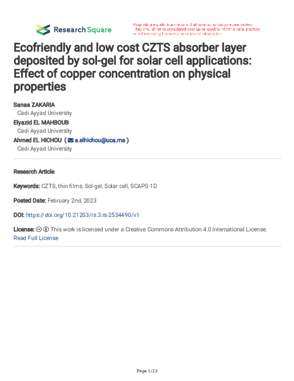 (PDF) Ecofriendly and low cost CZTS absorber layer deposited by sol-gel for solar cell ...