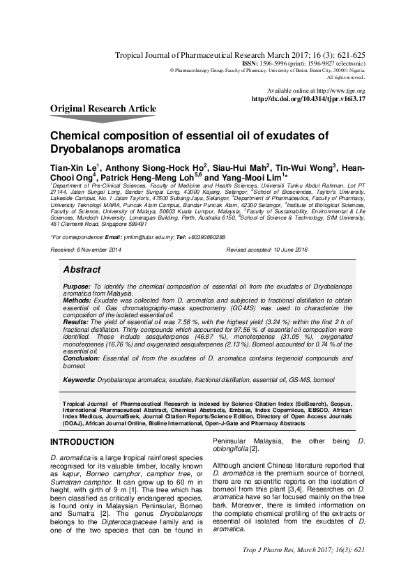 (PDF) Chemical composition of essential oil of exudates of Dryobalanops ...