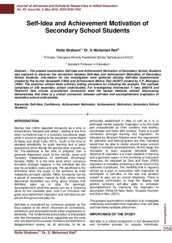 (PDF) Self-Idea and Achievement Motivation of Secondary School Students