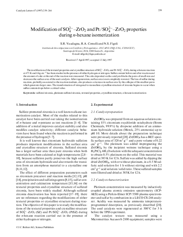 (PDF) Modification of SO4 2--ZrO2 and Pt/SO4 2--ZrO2 properties during ...