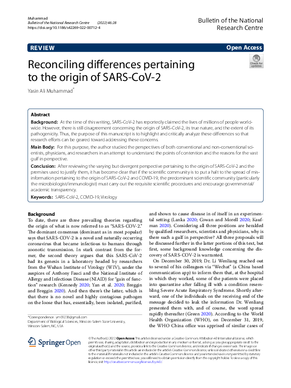 (PDF) Reconciling differences pertaining to the origin of SARS-CoV-2