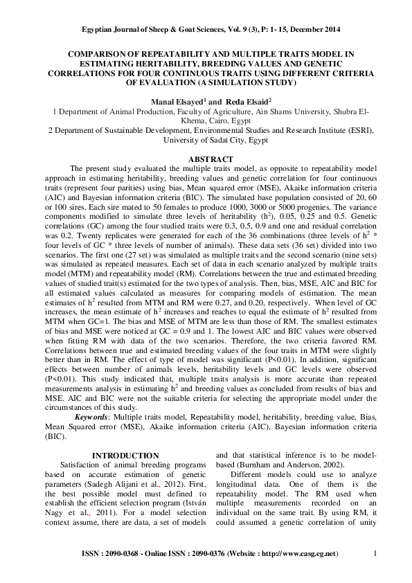 (PDF) Comparison of repeatability and multiple traits model in estimating heritability, breeding ...