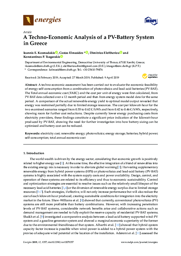 (PDF) A Techno-Economic Analysis of a PV-Battery System in Greece