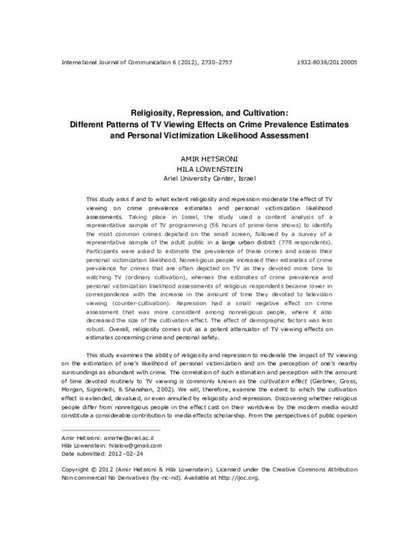 (PDF) Religiosity, Repression and Cultivation: Different Patterns of TV ...
