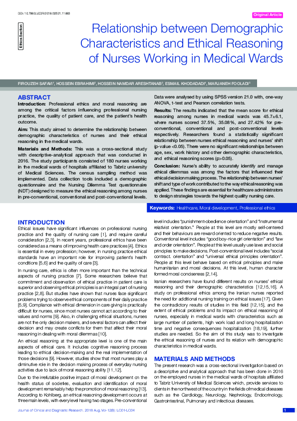 (PDF) Relationship between Demographic Characteristics and Ethical Reasoning of Nurses Working ...