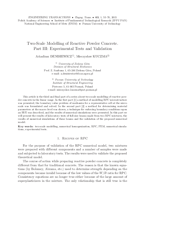 Pdf Two Scale Modelling Of Reactive Powder Concrete Part Iii Experimental Tests And Validation