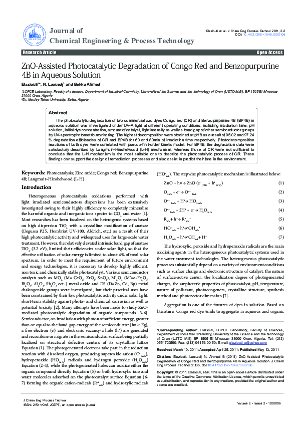 (PDF) ZnO-Assisted Photocatalytic Degradation of Congo Red and Benzopurpurine 4B in Aqueous Solution