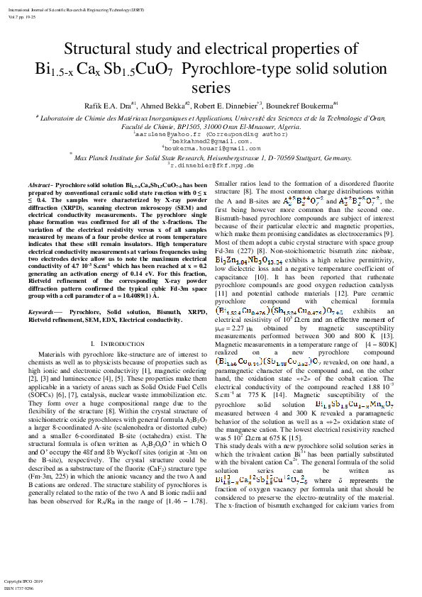 (PDF) Structural Study and Electrical Properties of Bi1.5–xCaxSb1.5CuO7 Pyrochlore-Type Solid ...