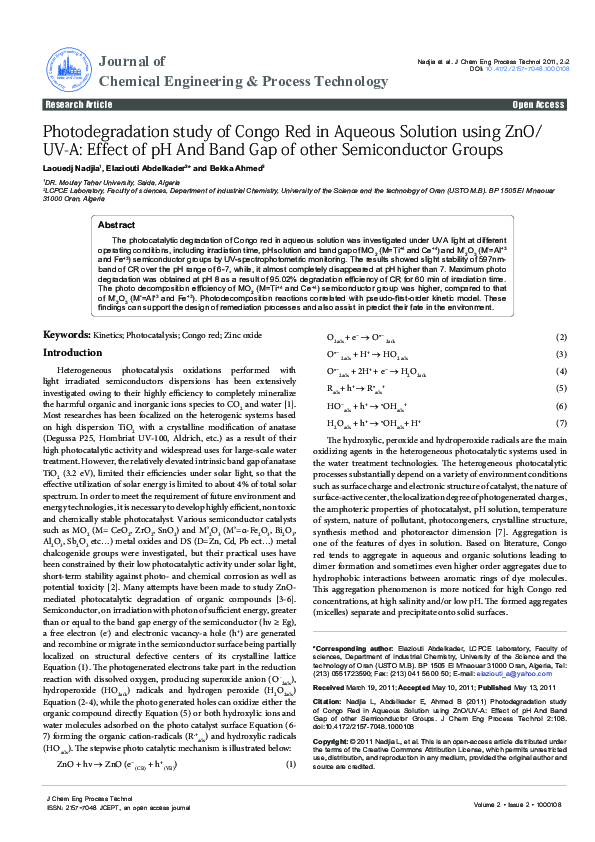 (PDF) Photodegradation study of Congo Red in Aqueous Solution using ZnO/ UV-A: Effect of pH And ...