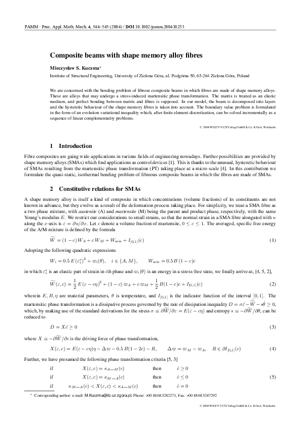 (PDF) Composite beams with shape memory alloy fibres