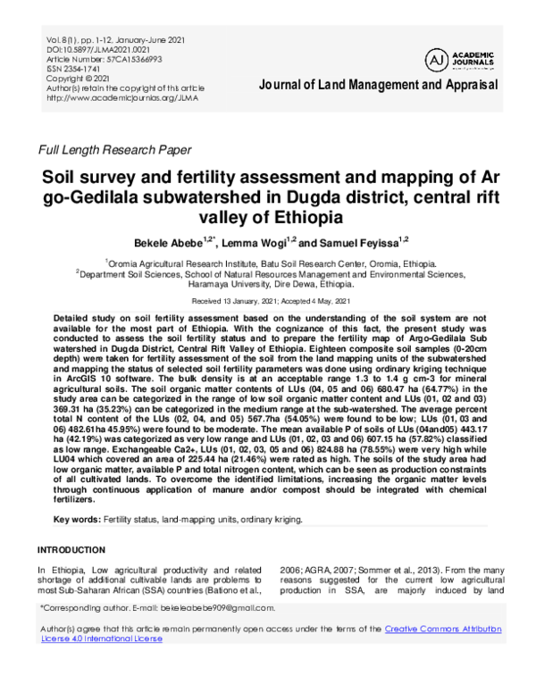 (PDF) Soil survey and fertility assessment and mapping of Argo-Gedilala ...