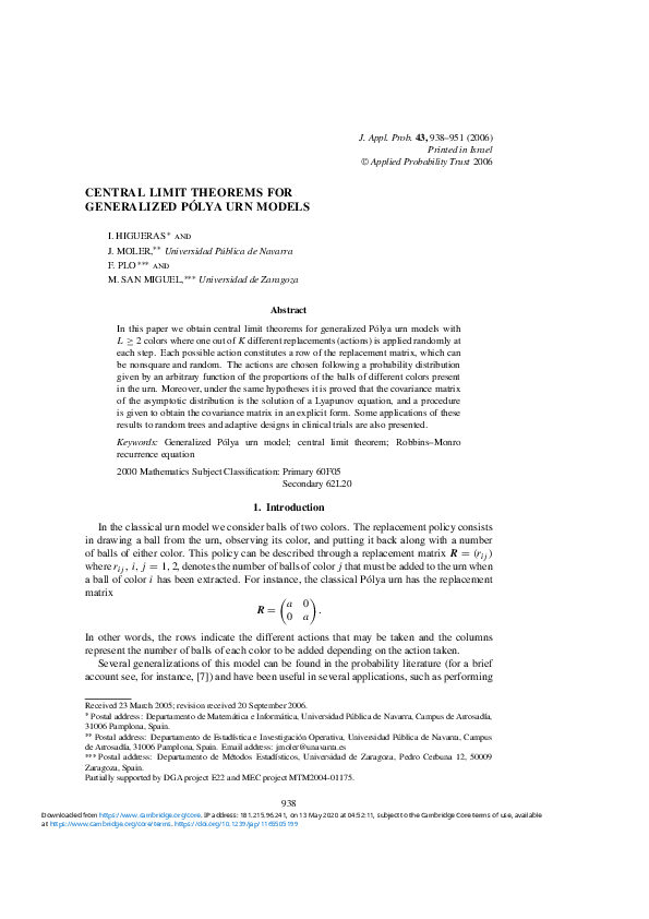 (PDF) Central limit theorems for generalized Pólya urn models