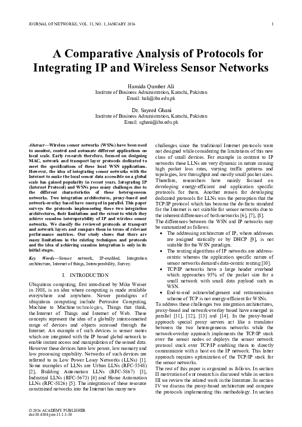 (PDF) A Comparative Analysis of Protocols for Integrating IP and Wireless Sensor Networks