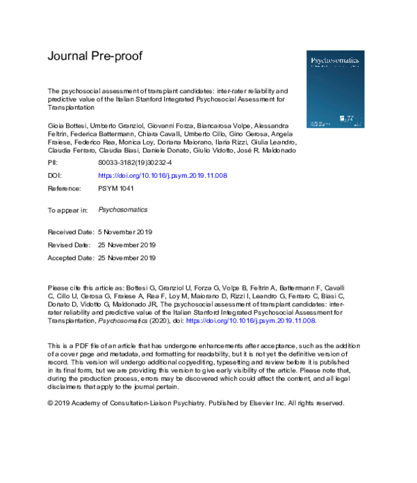 (PDF) The Psychosocial Assessment of Transplant Candidates: Internal ...