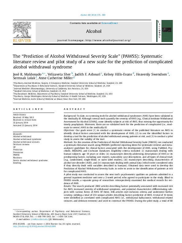 (PDF) The “Prediction of Alcohol Withdrawal Severity Scale” (PAWSS ...