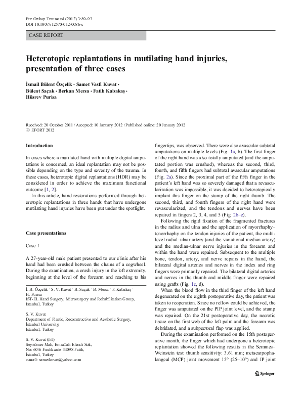 (PDF) Heterotopic replantations in mutilating hand injuries ...