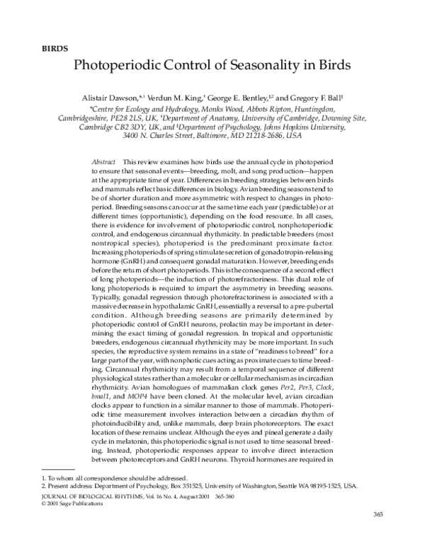 (PDF) Photoperiodic Control of Seasonality in Birds