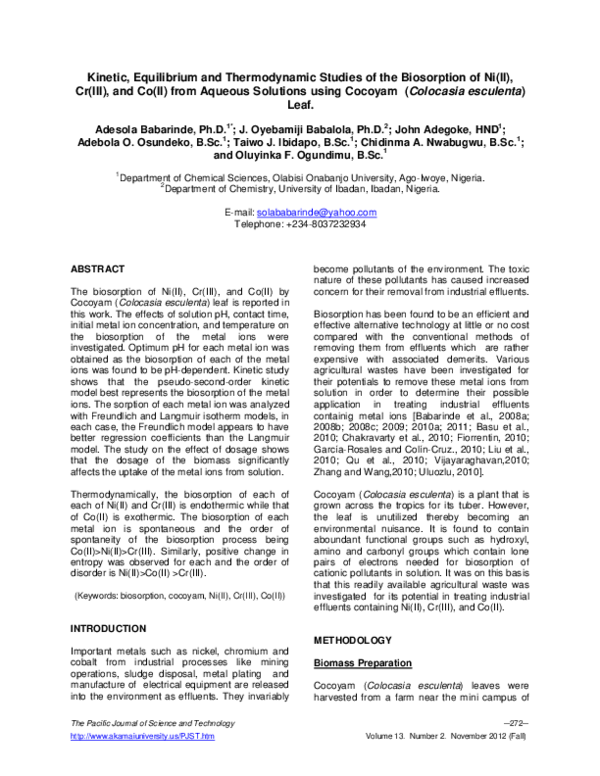 (PDF) Kinetic, Equilibrium and Thermodynamic Studies of the Biosorption of Ni(II), Cr(III), and ...