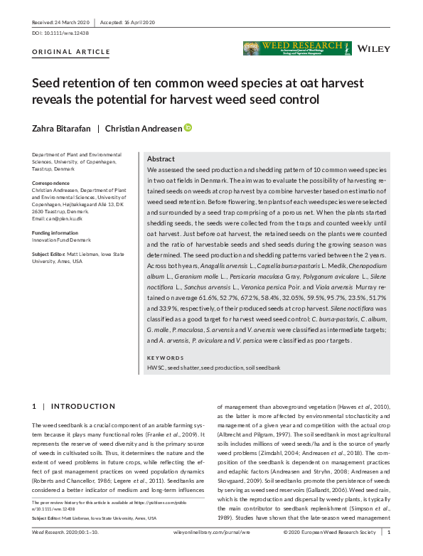 (PDF) Seed retention of ten common weed species at oat harvest reveals ...