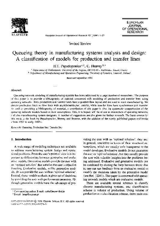 Pdf Queueing Theory In Manufacturing Systems Analysis And Design A Classification Of Models 