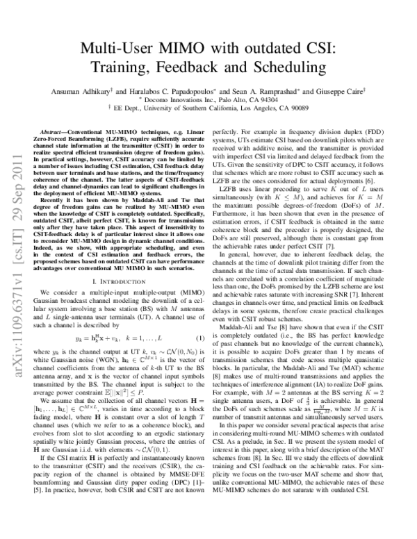 (PDF) Multi-user MIMO with outdated CSI: Training, feedback and scheduling