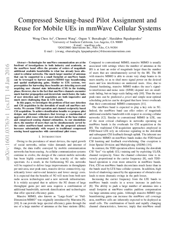 (PDF) Compressed sensing-based pilot assignment and reuse for mobile UEs in mmWave cellular systems