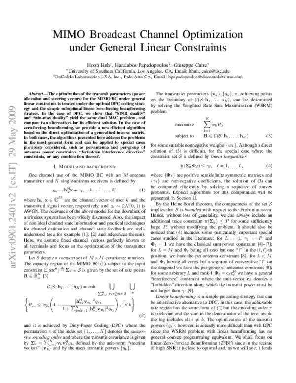 (PDF) MIMO broadcast channel optimization under general linear constraints