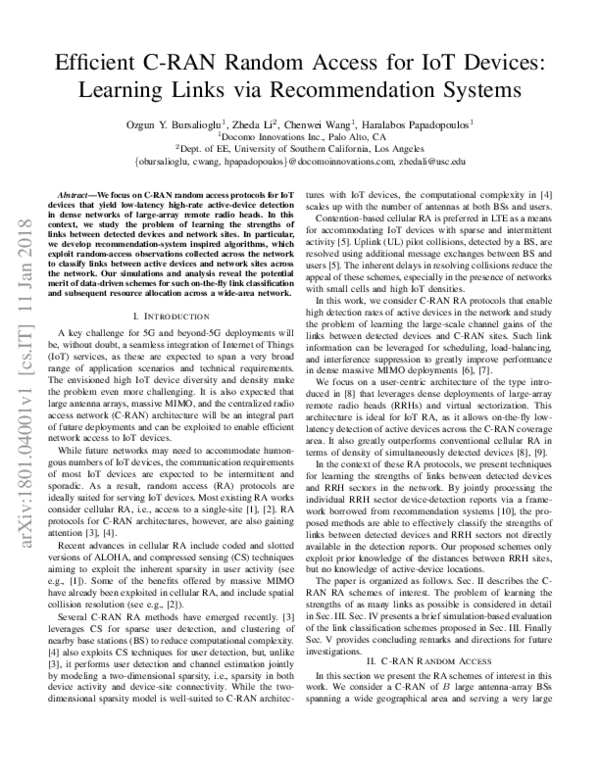 Pdf Efficient C Ran Random Access For Iot Devices Learning Links Via Recommendation Systems