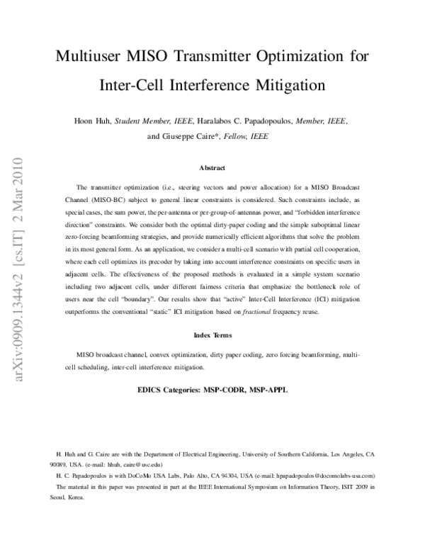 (PDF) Multiuser MISO Transmitter Optimization for Intercell Interference Mitigation