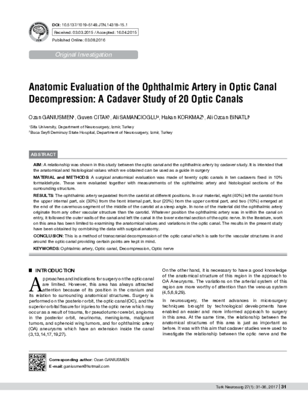 (PDF) Anatomic evaluation of the ophthalmic artery in optic canal ...