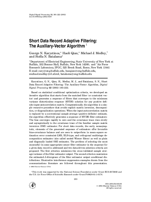 (PDF) Short Data Record Adaptive Filtering: The Auxiliary-Vector Algorithm (PDF) Short Data Record Adaptive Filtering: The Auxiliary-Vector Algorithm