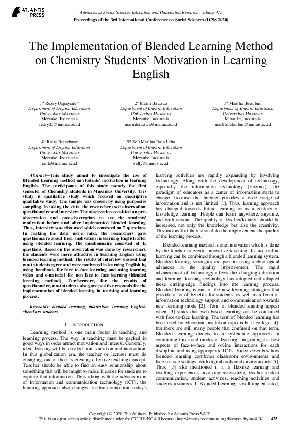 (PDF) The Implementation of Blended Learning Method on Chemistry Students’ Motivation in ...