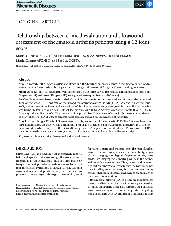(PDF) Relationship between clinical evaluation and ultrasound assessment of rheumatoid arthritis ...