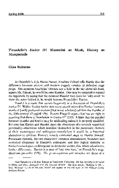 (PDF) Pirandello's Enrico IV: Mussolini as Mask, History as Masquerade