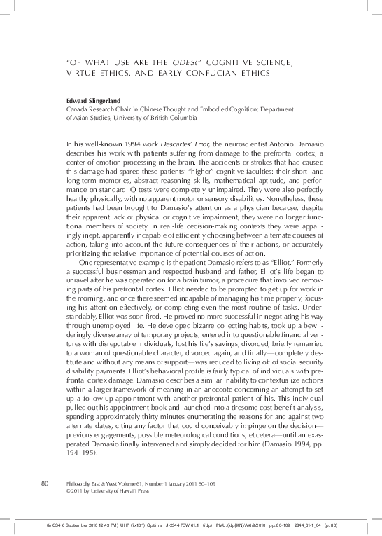 (PDF) “Of What Use Are the Odes? ” Cognitive Science, Virtue Ethics, and Early Confucian Ethics ...