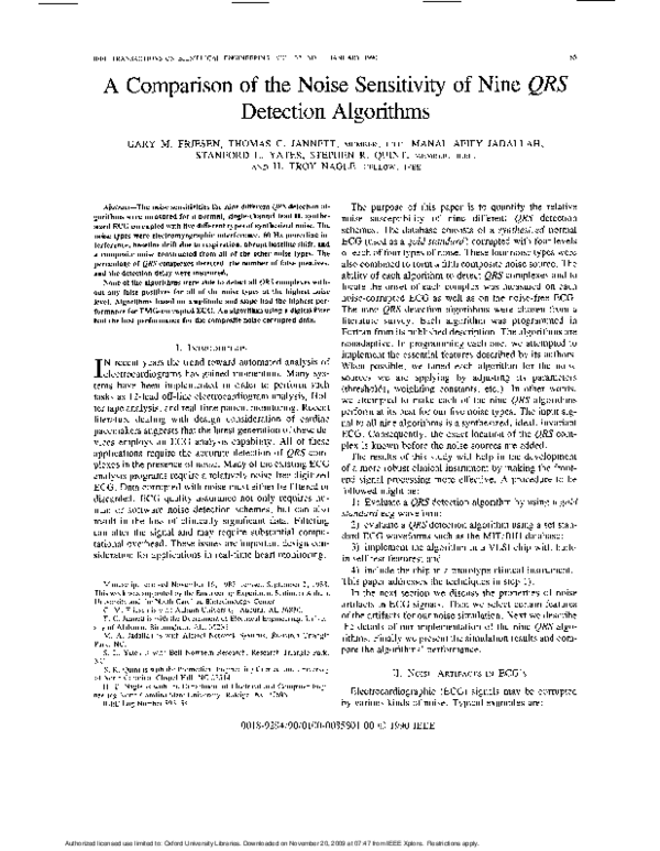 Pdf A Comparison Of The Noise Sensitivity Of Nine Qrs Detection Algorithms