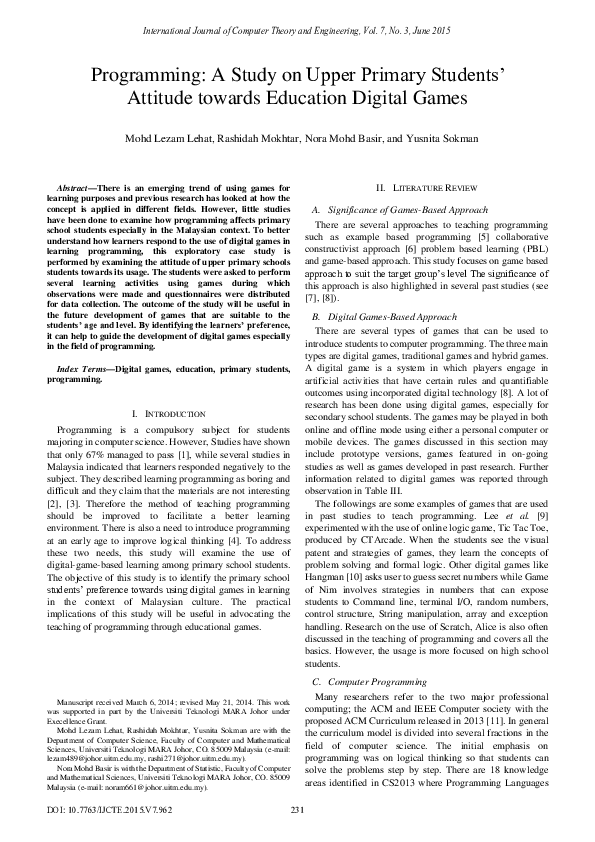 (PDF) Programming: A Study on Upper Primary Students’ Attitude towards Education Digital Games