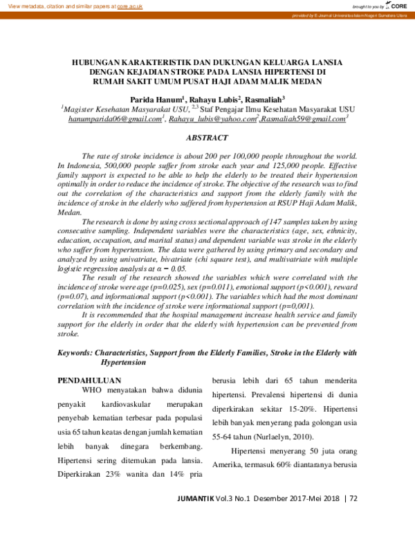 (PDF) Hubungan Karakteristik dan Dukungan Keluarga Lansia dengan Kejadian Stroke pada Lansia ...