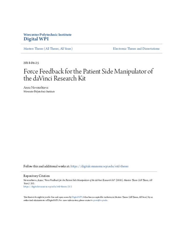(PDF) Force Feedback for the Patient Side Manipulator of the daVinci Research Kit