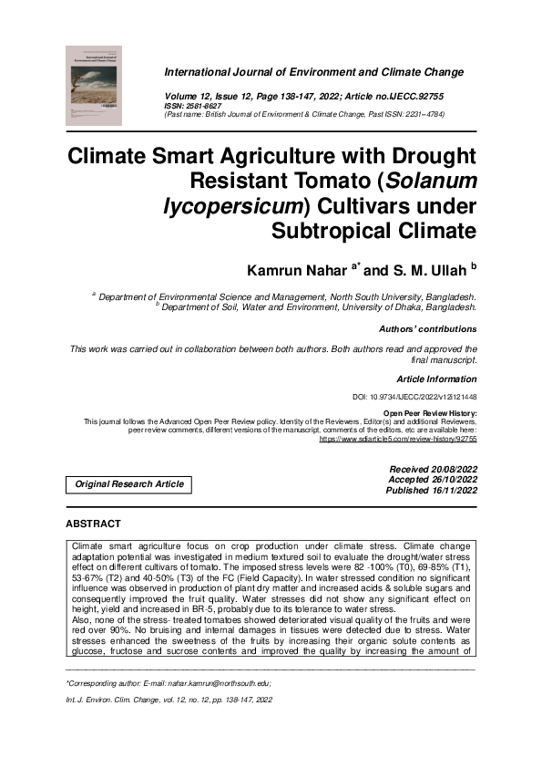(PDF) Climate Smart Agriculture with Drought Resistant Tomato (Solanum ...