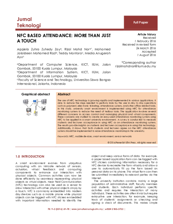 (PDF) NFC Based Attendance: More Than Just a Touch | Teddy Mantoro - Academia.edu