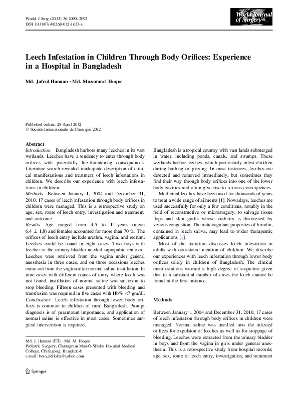 (PDF) Leech Infestation in Children Through Body Orifices: Experience ...