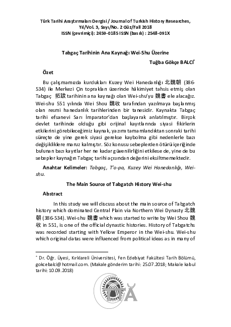 (PDF) Tabgaç Tarihinin Ana Kaynağı Wei-Shu Üzerine