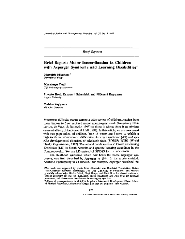 (PDF) Brief Report: Motor Incoordination in Children with Asperger ...