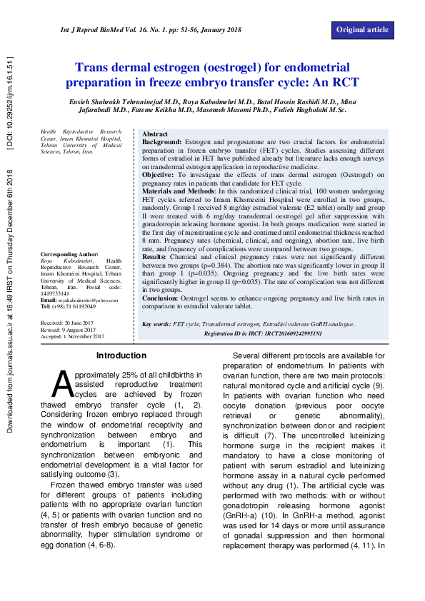 (PDF) Trans dermal estrogen (oestrogel) for endometrial preparation in ...