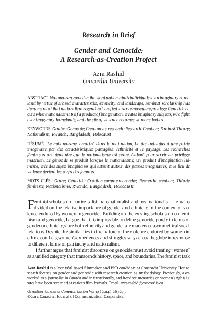 (PDF) Research in Brief Gender and Genocide: A Research-as-Creation Project