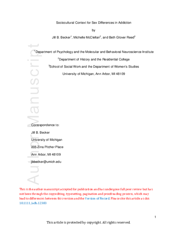 Pdf Sociocultural Context For Sex Differences In Addiction