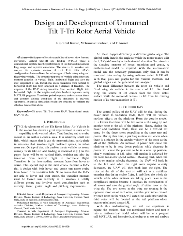 (PDF) Design and Development of Unmanned Tilt T-Tri Rotor Aerial Vehicle