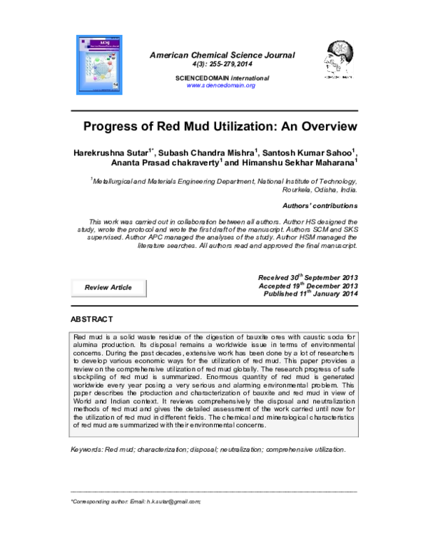 (PDF) Progress of Red Mud Utilization: An Overview